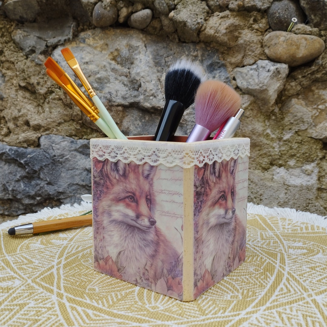 Wooden Pencil Holder With Fox, Pen Holder With Lace, Desk Accessory ...