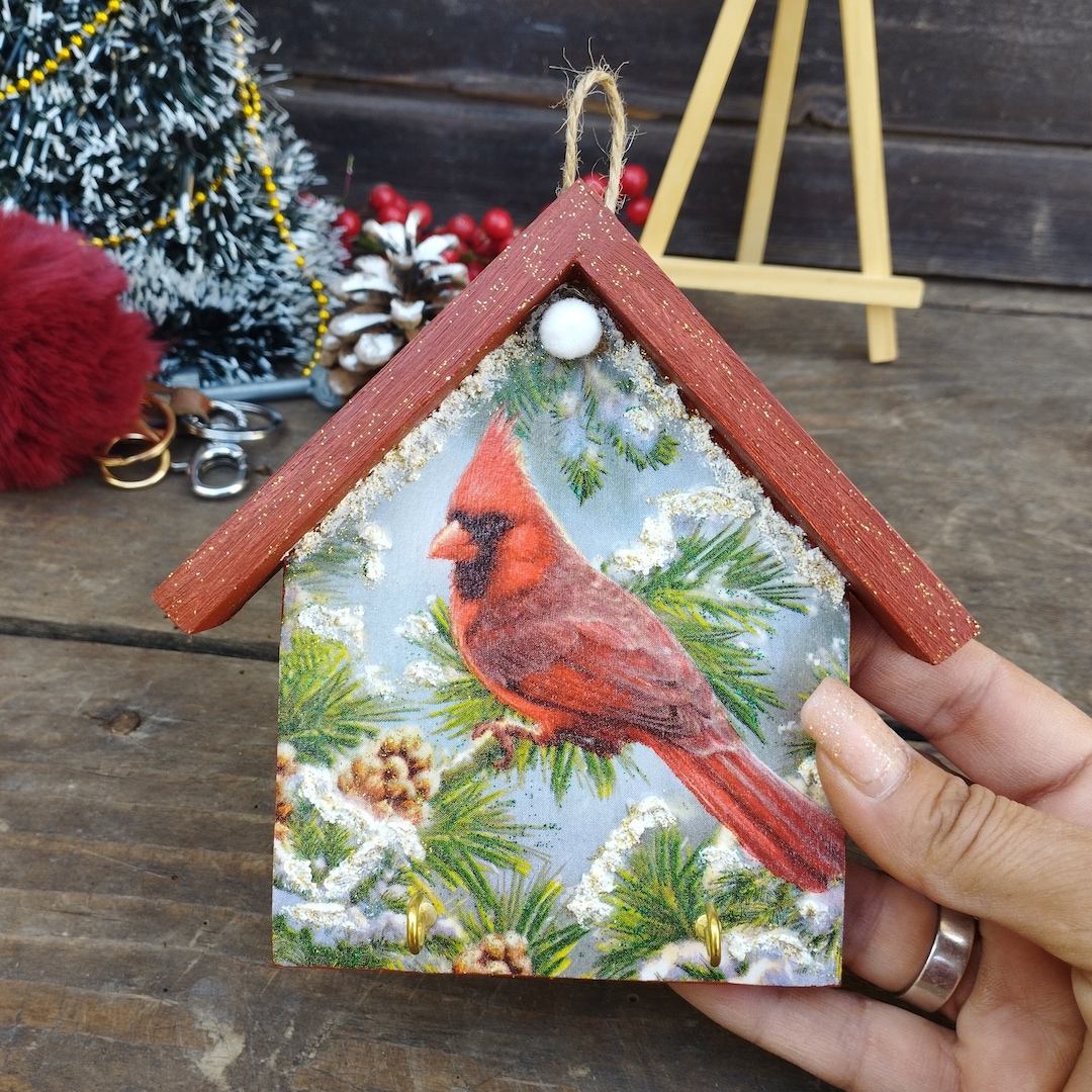 Christmas Key Holder, Wooden Key Hanger With Two Hooks, Cardinal Bird ...