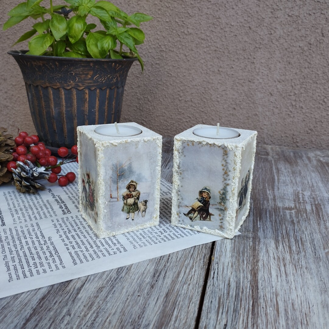 White Christmas Candlesticks, Set of Two Wooden Christmas Candleholders ...