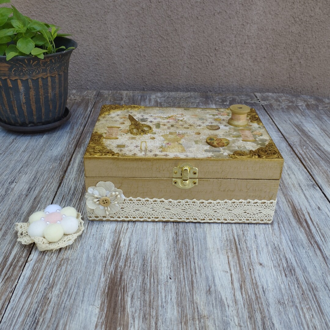 Sewing Material Box, Wooden Button Box, Spool Box, Thread Storage, 4 ...