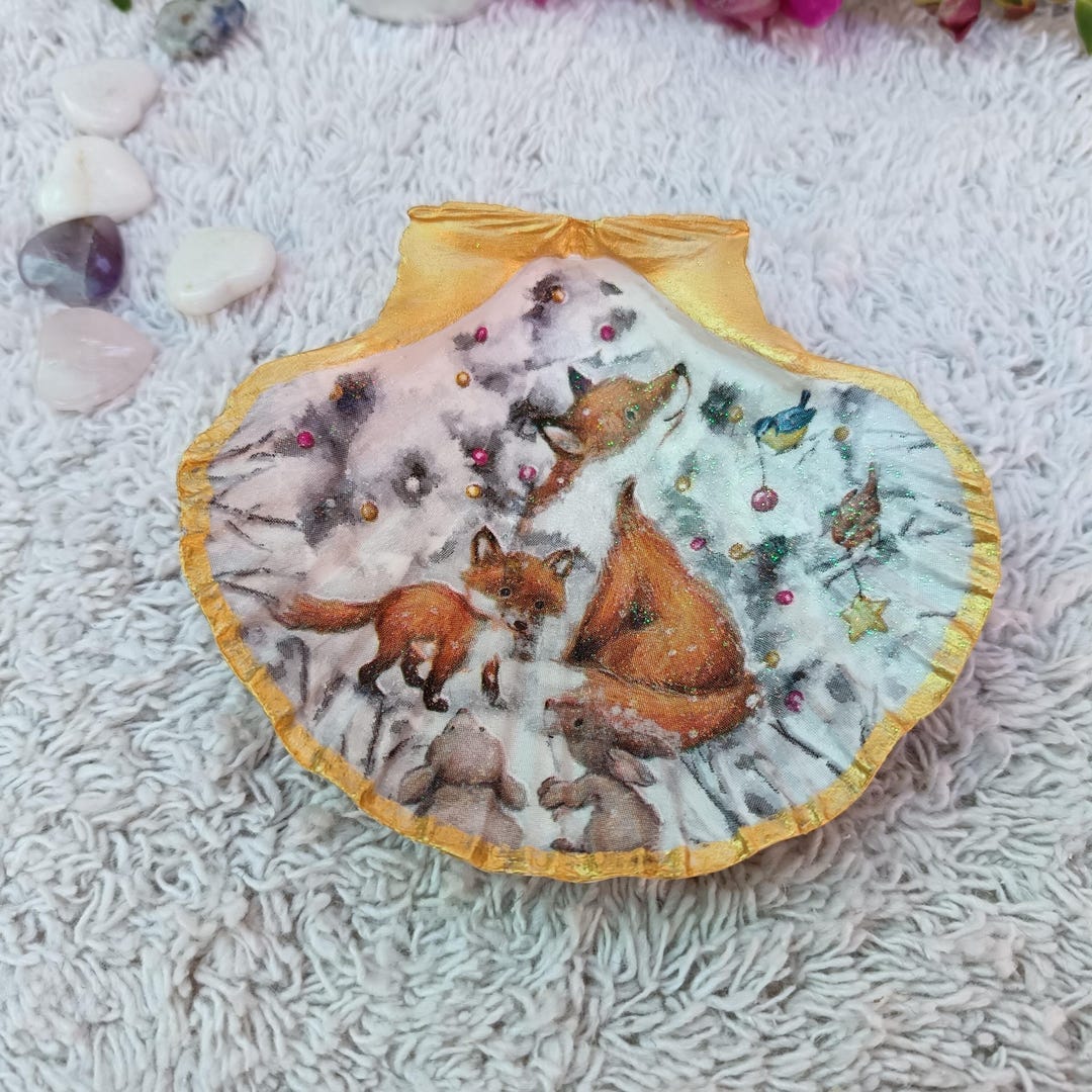 Decoupage Scallop Shell Trinket Tray: Fox & Winter Scene, Ring Dish - Etsy