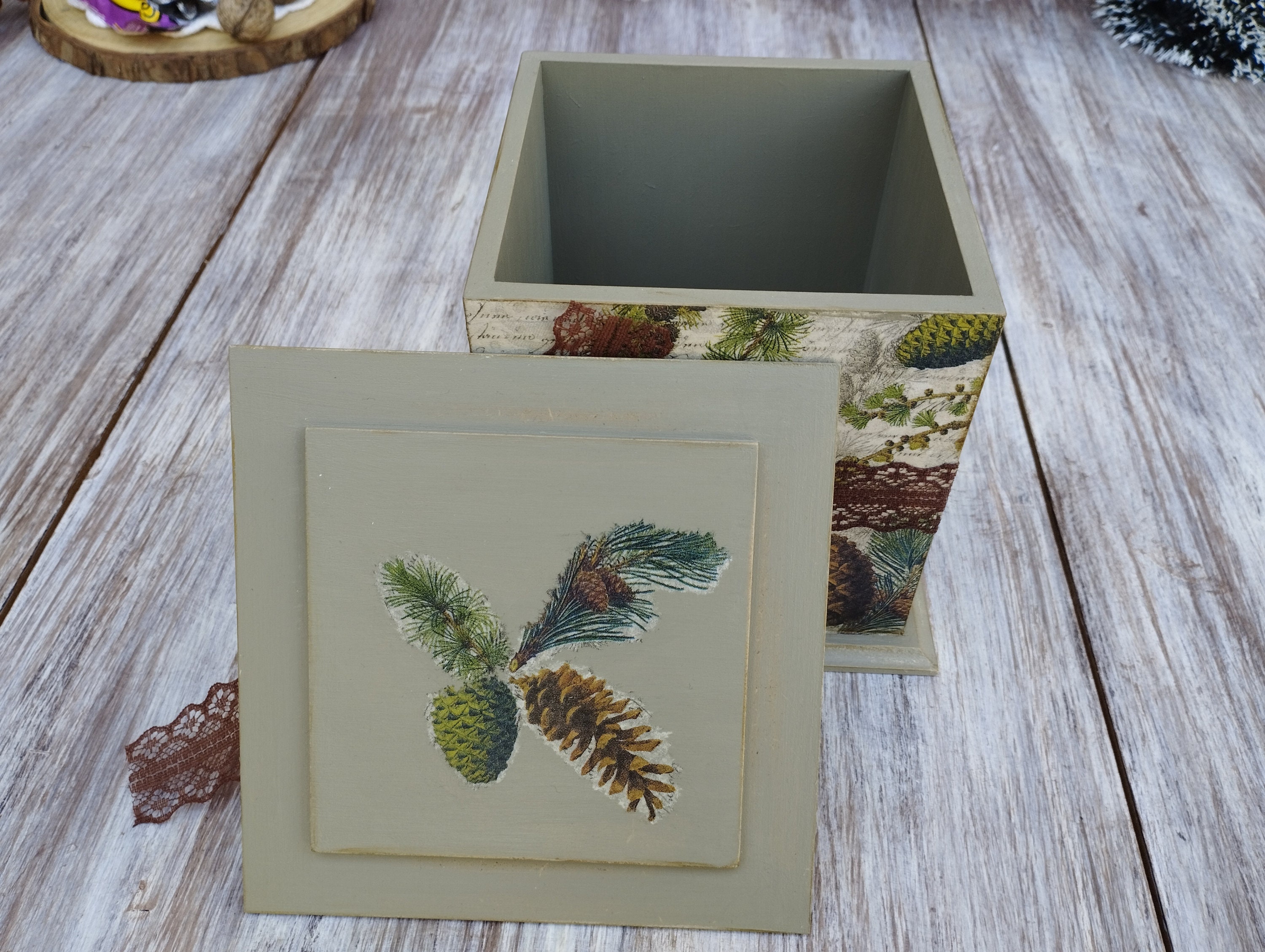 Candy Box With Image of Pine Cones, Wooden Storage Box, Decoupage Box ...