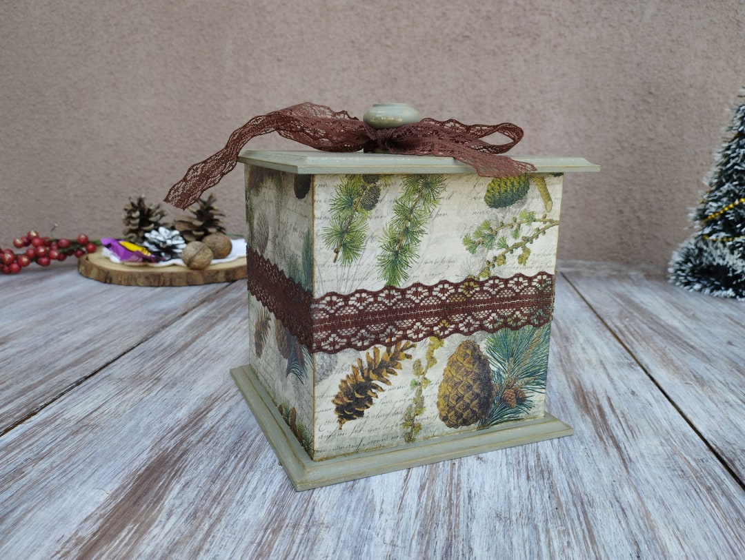 Candy Box With Image of Pine Cones, Wooden Storage Box, Decoupage Box ...