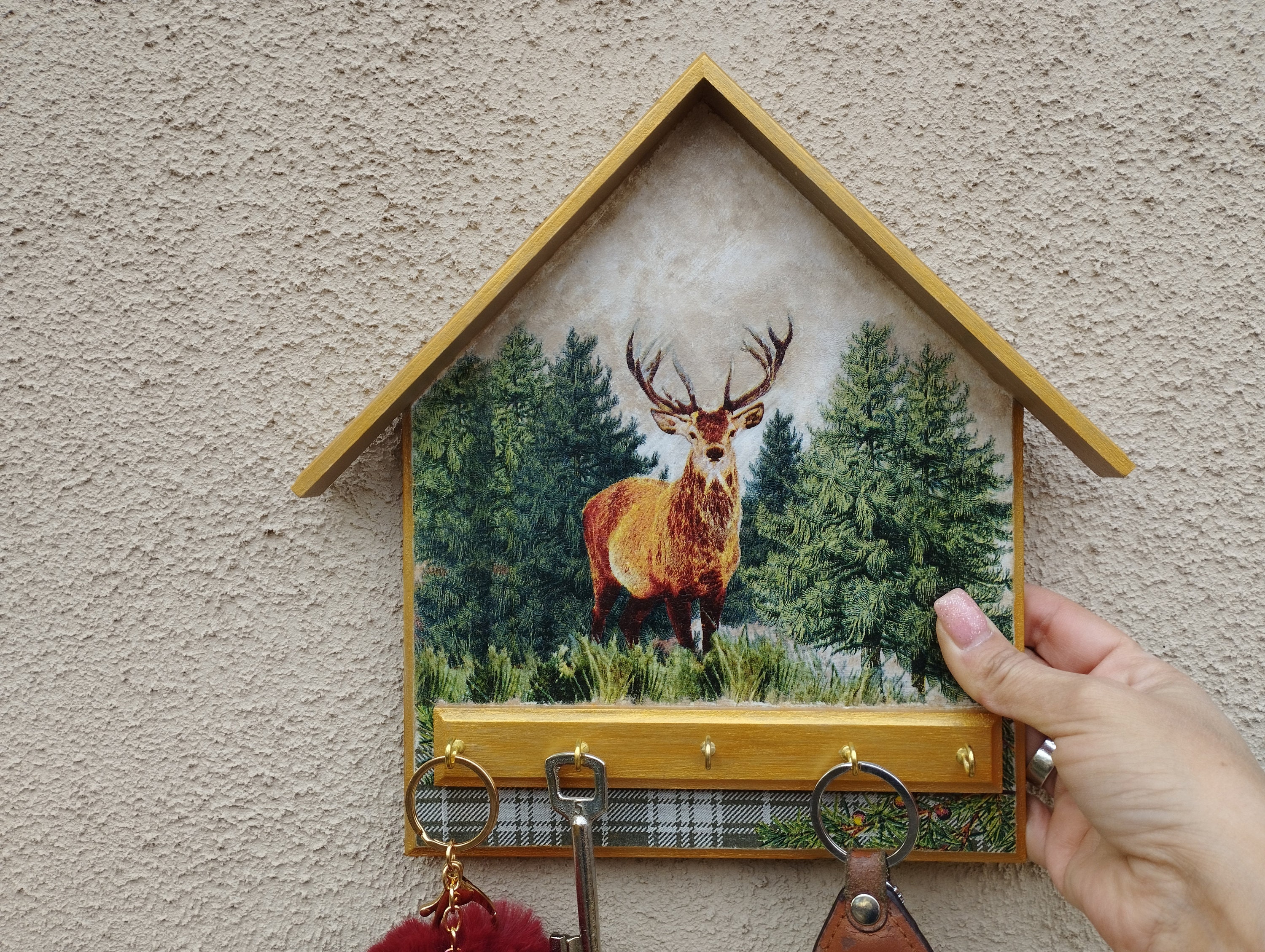 Wooden House for Keys, Key Holder With Deer, Wall Decoration, Key House ...
