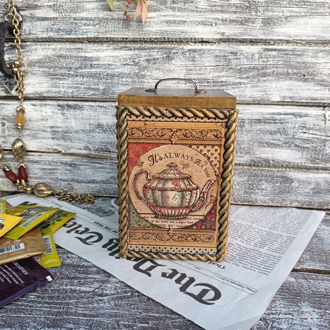 Wooden Tea Bag Box, Tea Bag Organizer, Decoupage, Vertical Tea Bag ...