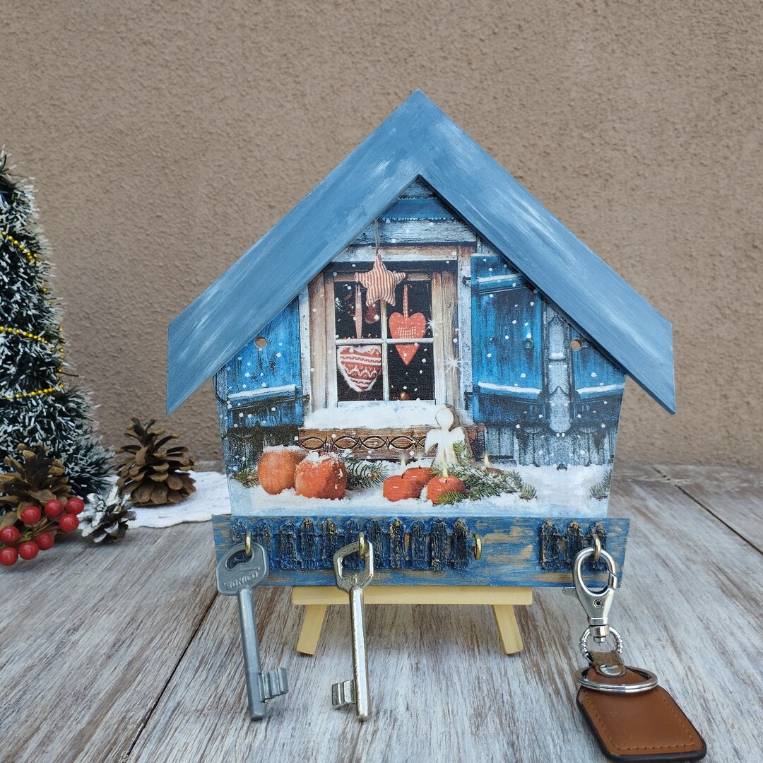 Blue Key Holder, Key Organizer With Four Hooks, Decoupage Wooden Wall ...