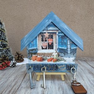 Blue Key Holder, Key Organizer With Four Hooks, Decoupage Wooden Wall ...