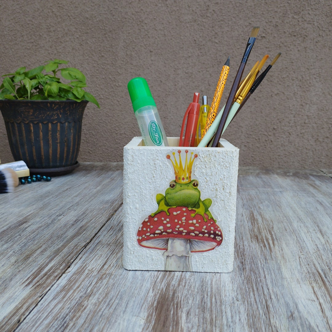 Pencil Holder With Frog, Wooden Pen Holder, Decoupage, Frog Lover Gift ...