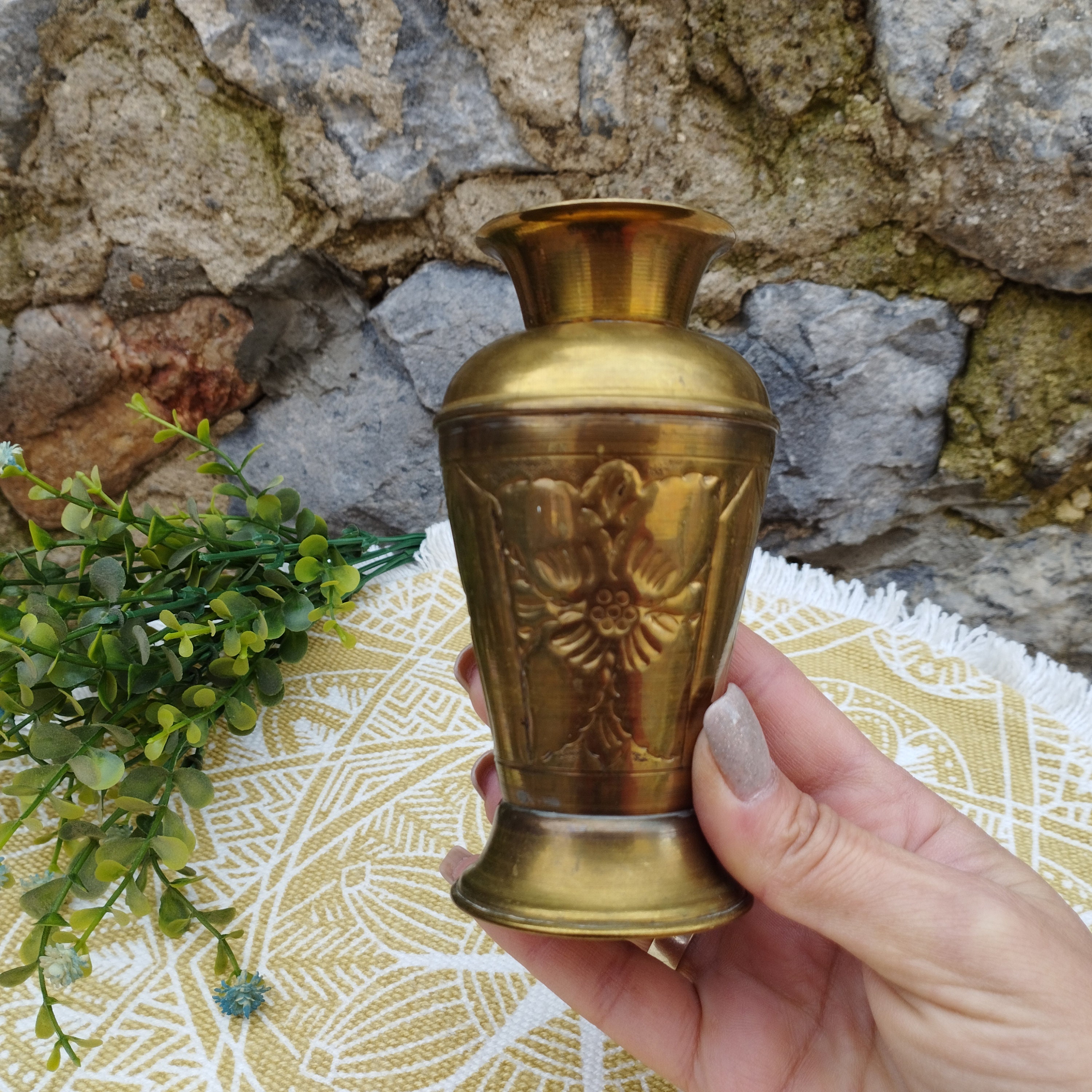 Vintage Brass Vase, Small Metal Vase, Vase With Engraved Flowers ...