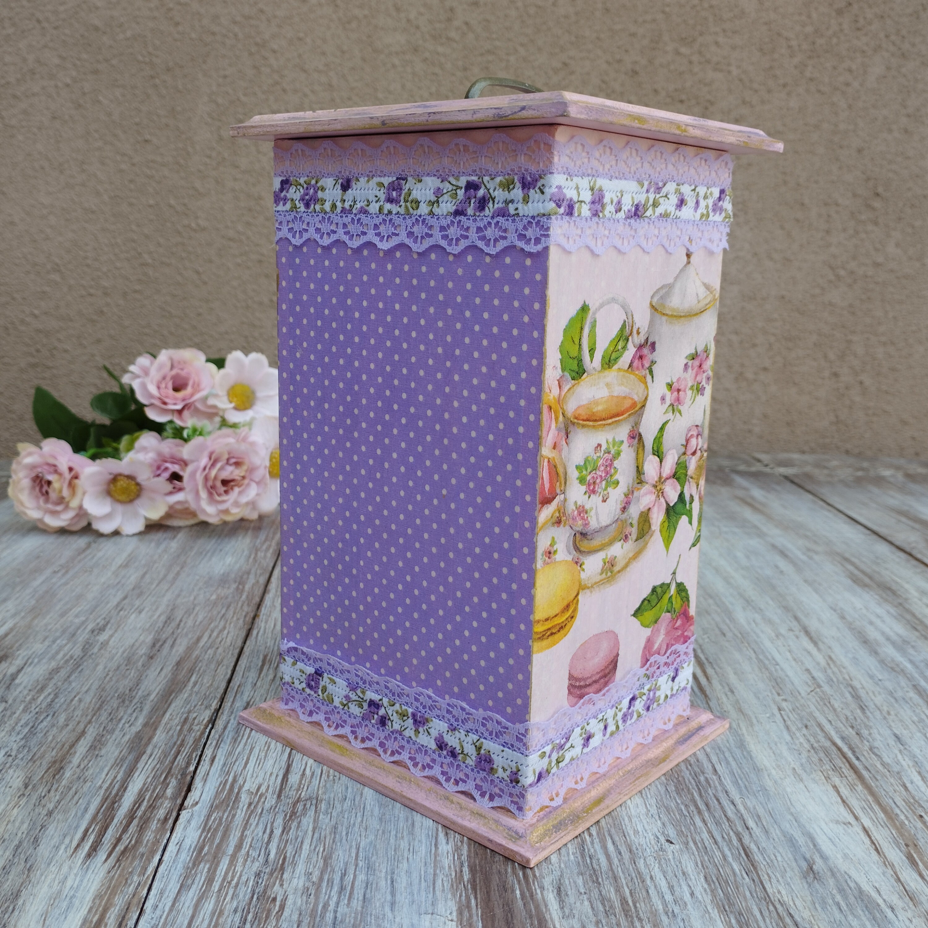 Pink Tea Bag House, Tea Bag Organizer, Wooden Tea Box, Decoupage Box ...