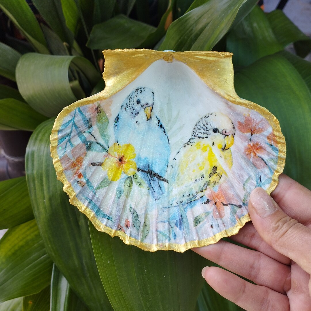 Large Seashell Trinket Tray, Wedding Ring Dish, Blue and Yellow Parrot ...