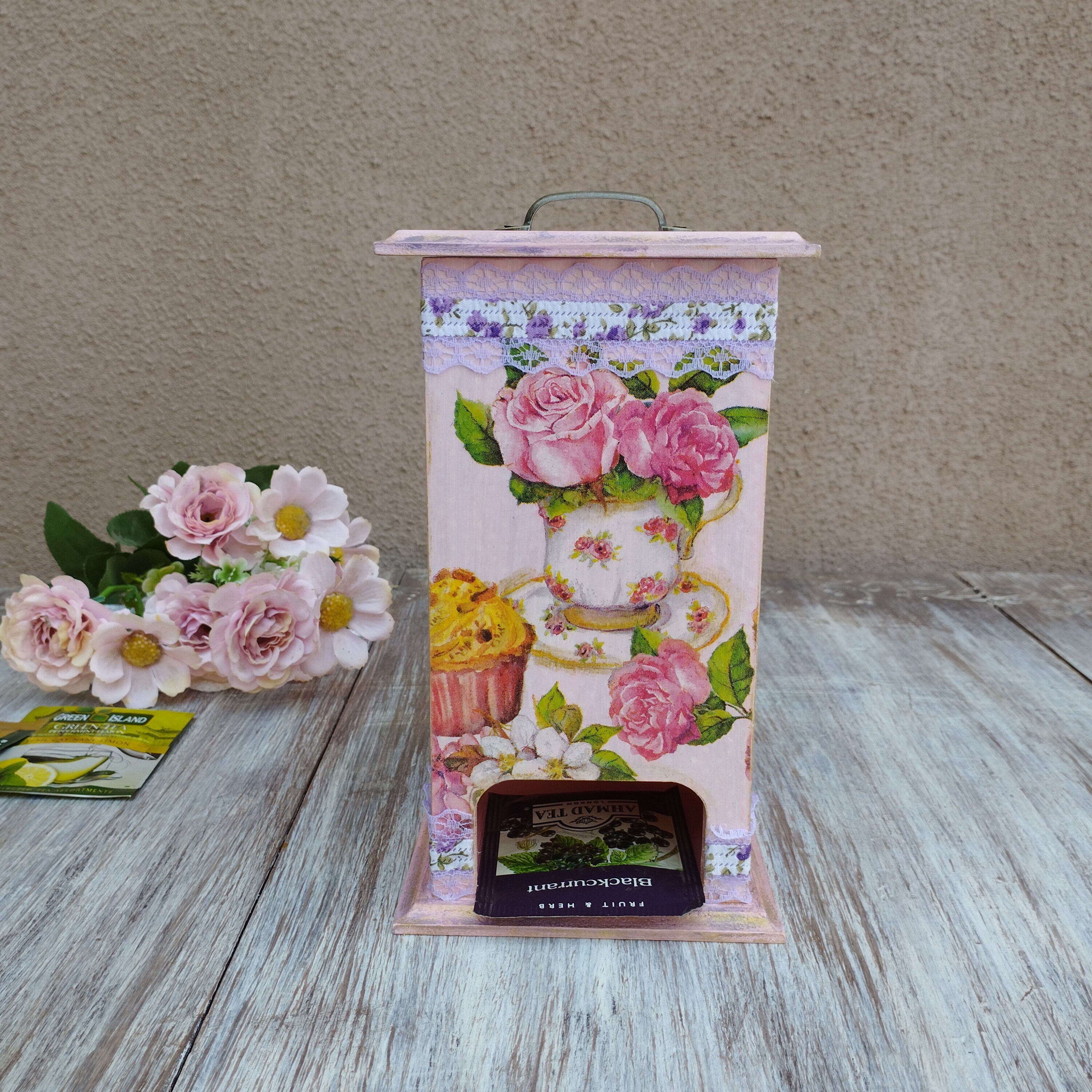Pink Tea Bag House, Tea Bag Organizer, Wooden Tea Box, Decoupage Box ...