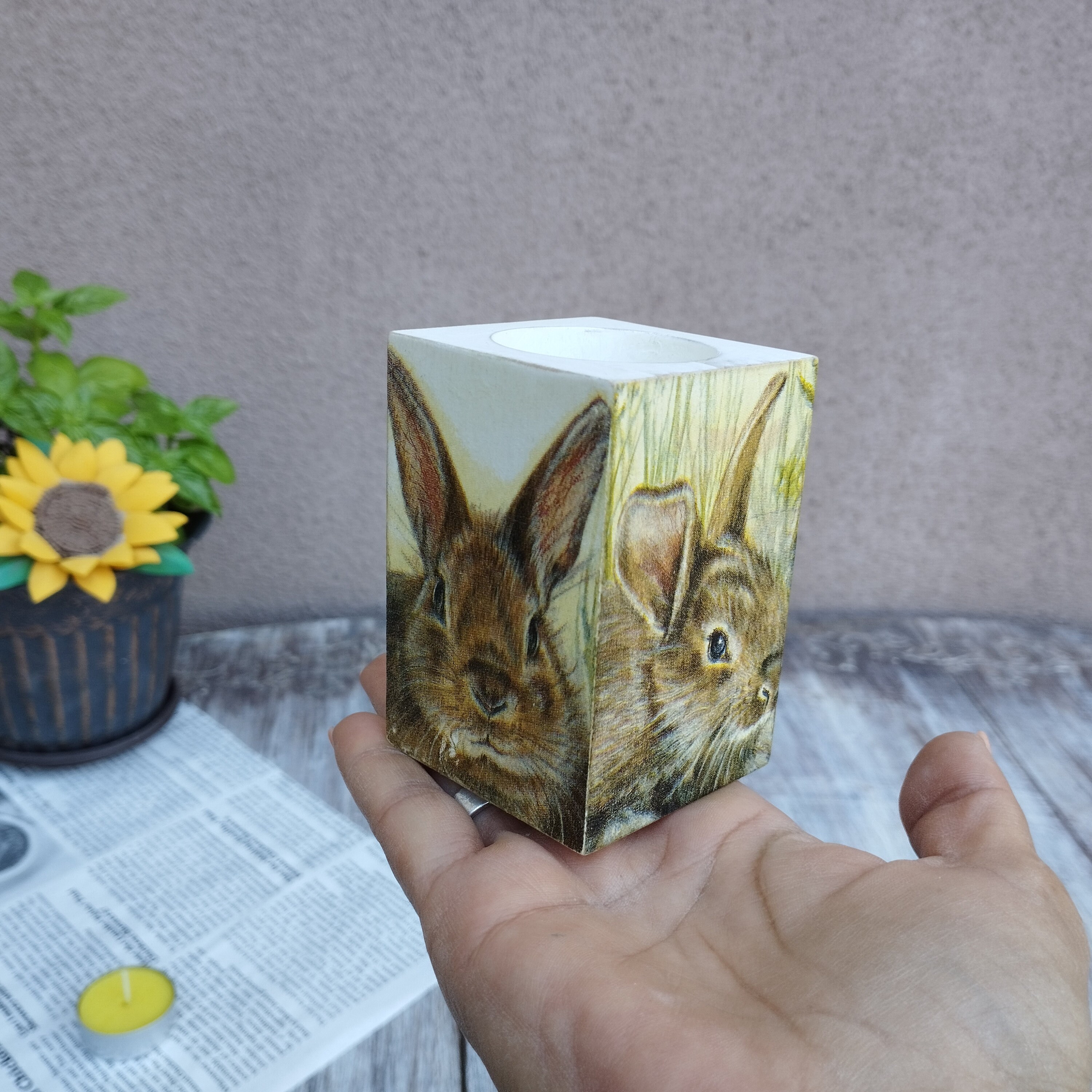 Wooden Candlestick With Rabbits, Candle Holder, Decoupage, Tealight ...