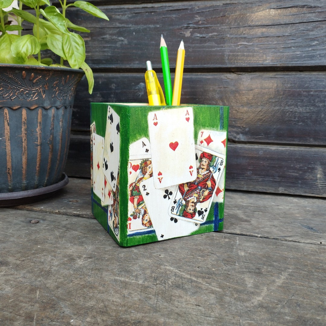 Wooden Pen Holder, Playing Cards Design, Square Pencil Cup, Cigar Box ...