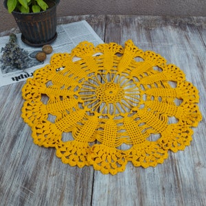 Vintage Yellow Crocheted Doily, Beautiful Round Handmade Doily, Cotton ...
