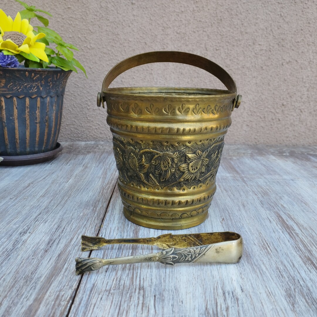 Vintage Brass Ice Bucket With Handle and Tongs, Embossed Design ...