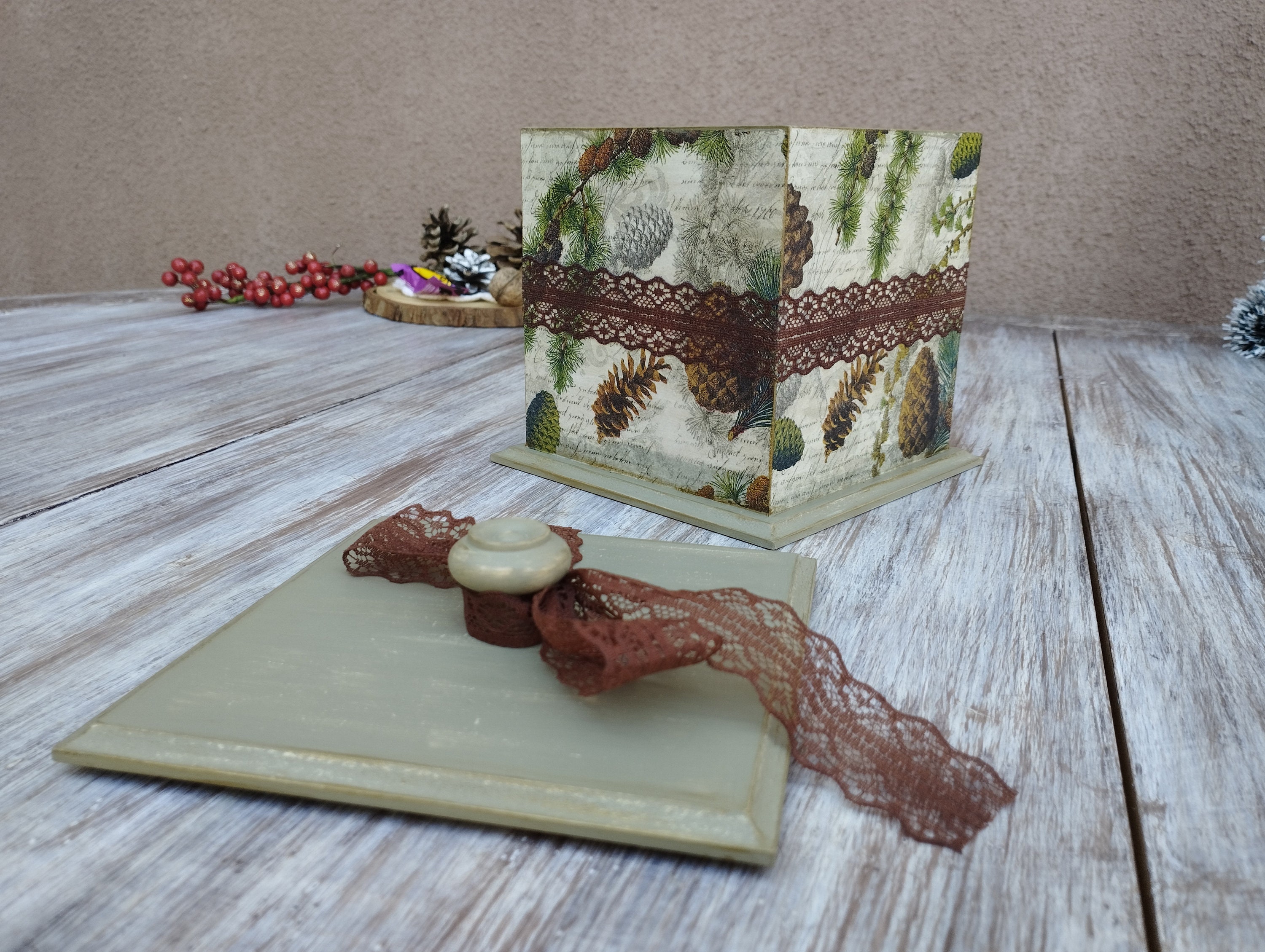Candy Box With Image of Pine Cones, Wooden Storage Box, Decoupage Box ...