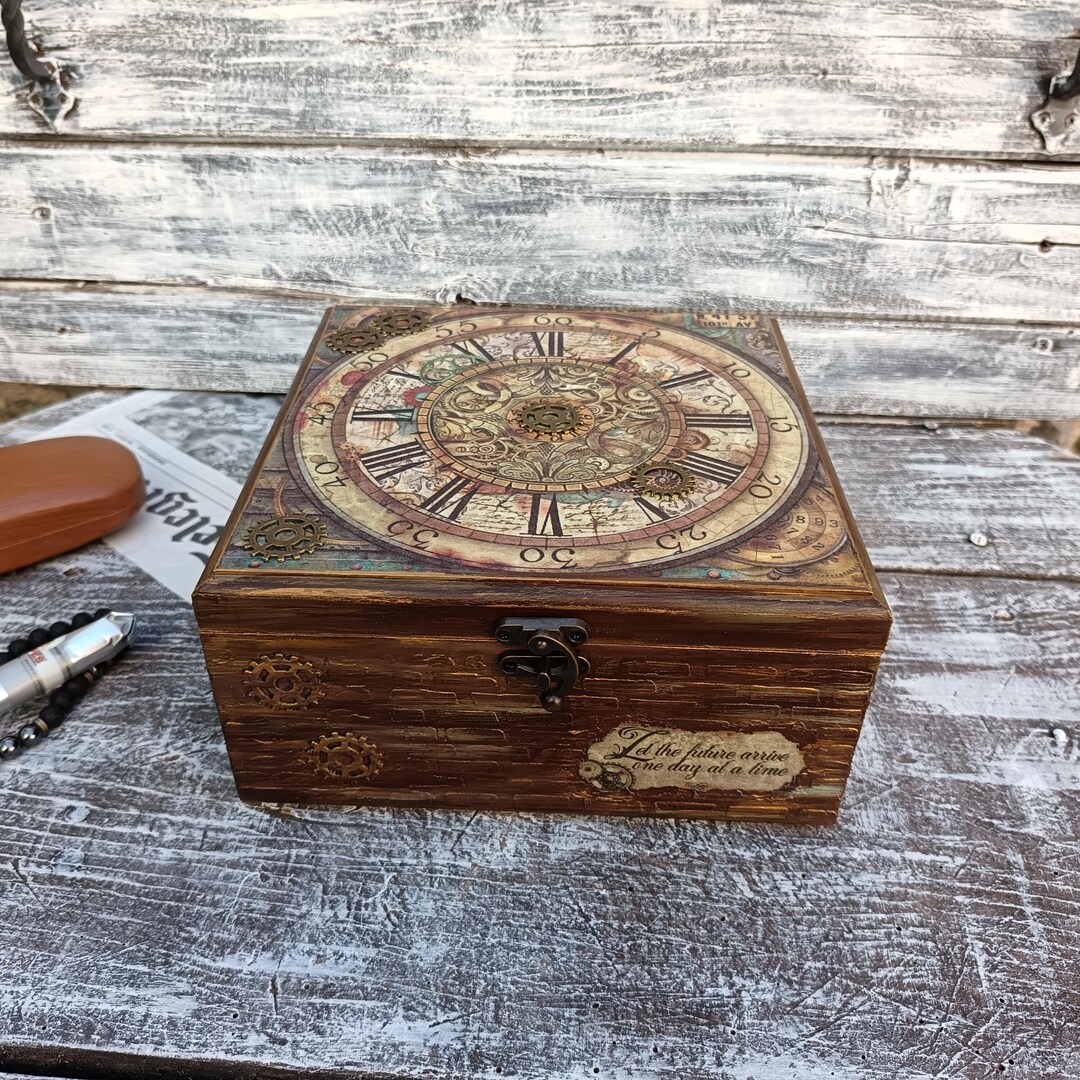 Steampunk Style Jewelry Box, Wooden Square Box, Vintage Style Box, Box ...