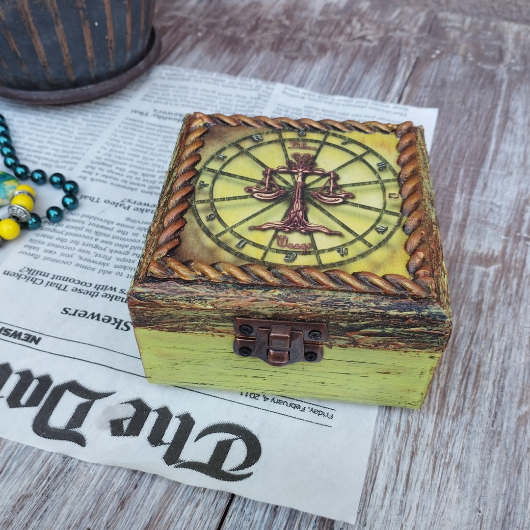 Wooden Jewelry Box With Libra Sign, Decoupage and Mixed Media Decorated ...