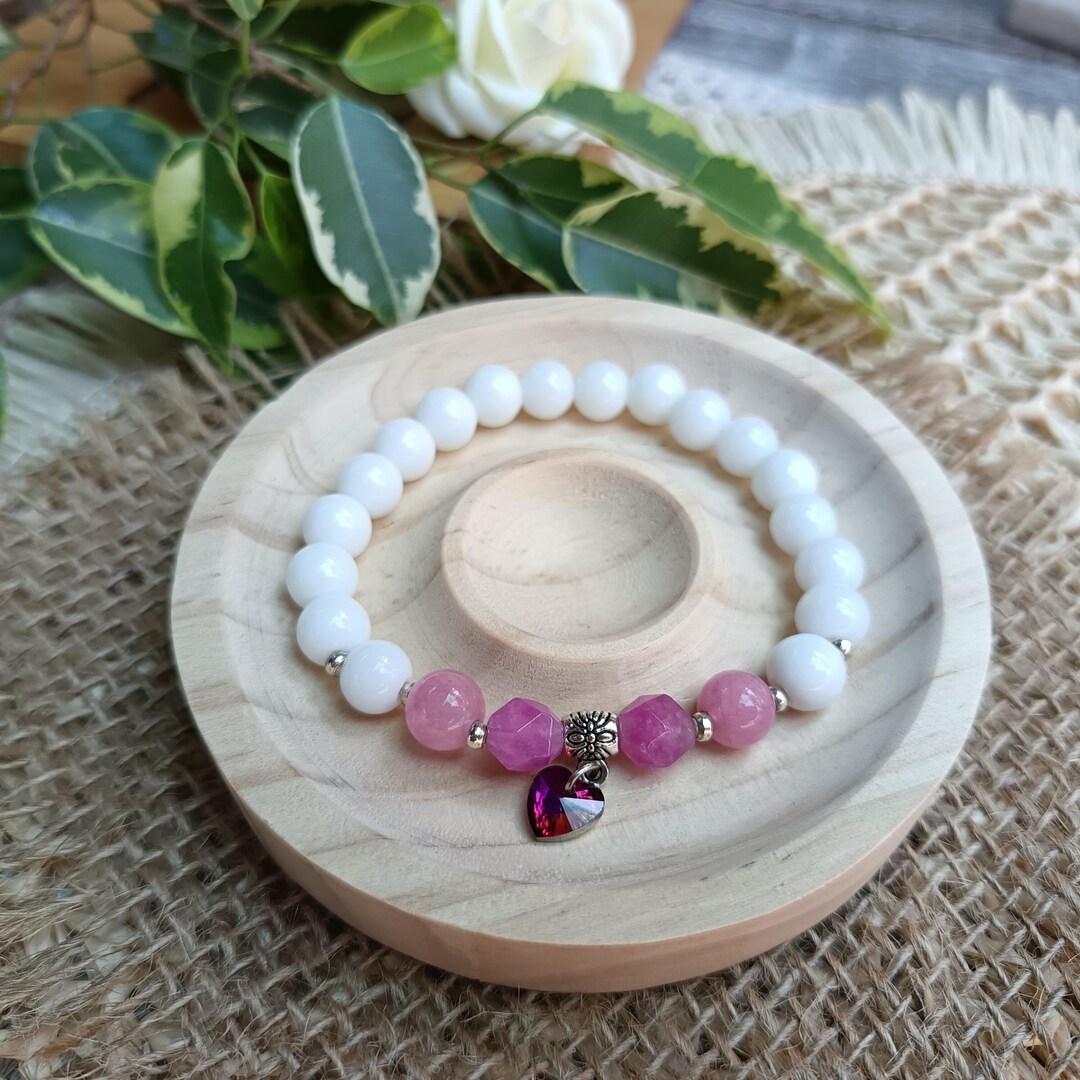 Elastic Bracelet With White Agate, Pink Tourmaline Round, Faceted Pink ...