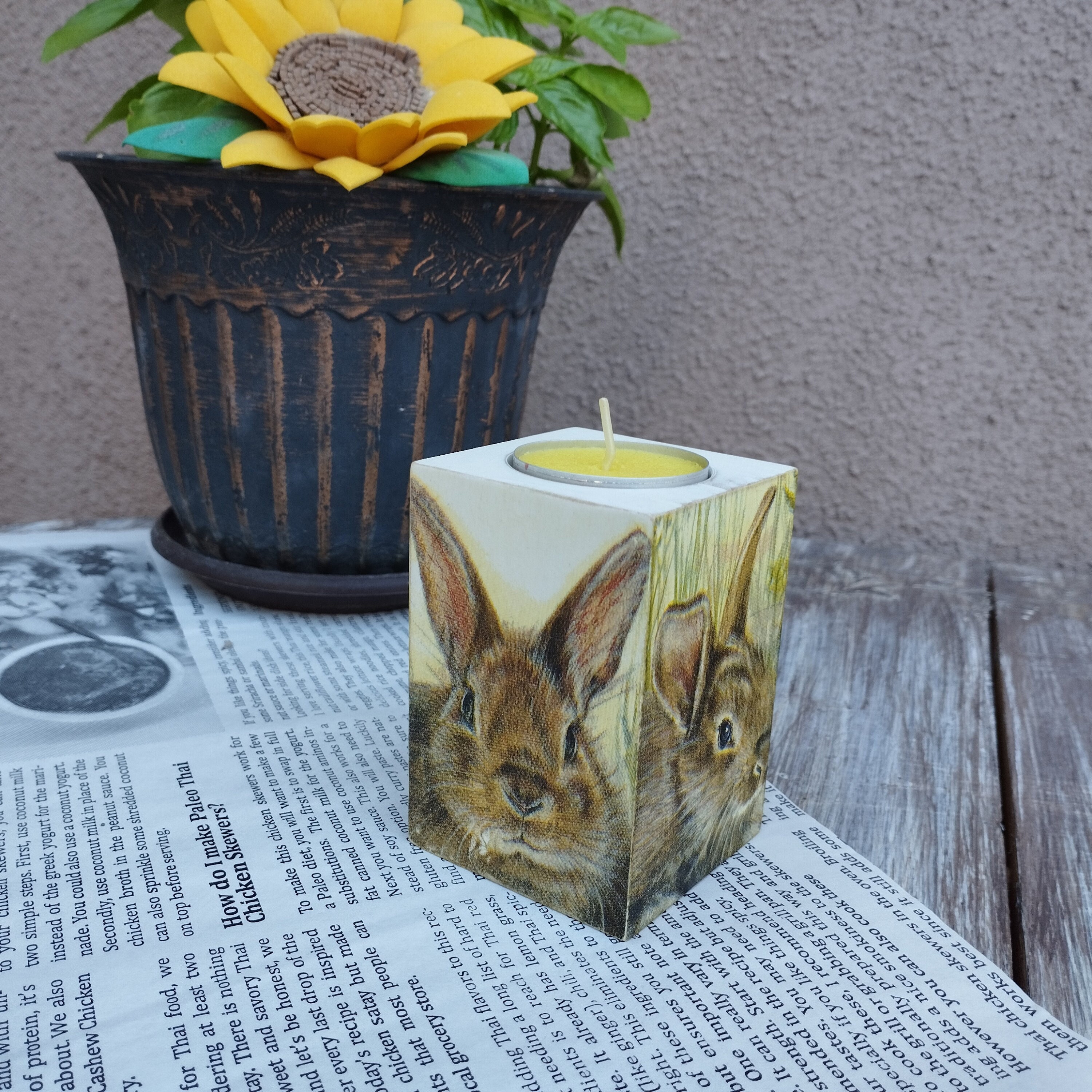 Wooden Candlestick With Rabbits, Candle Holder, Decoupage, Tealight ...