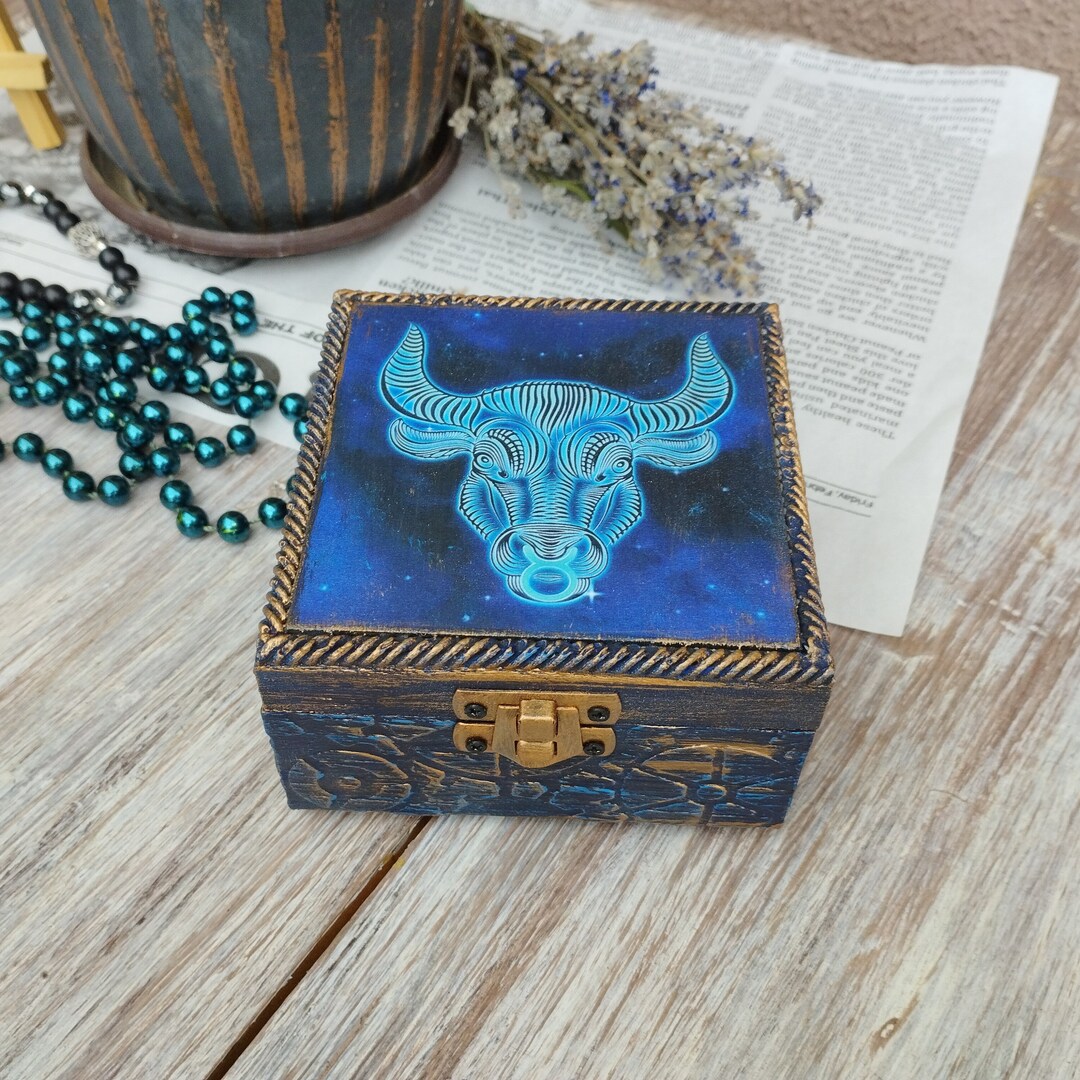 Taurus Wooden Jewelry Box, Decoupage and Mixed Media Decorated Box ...