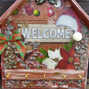 Wooden Key Holder With Inscription Welcome, Christmas Key Holder With ...