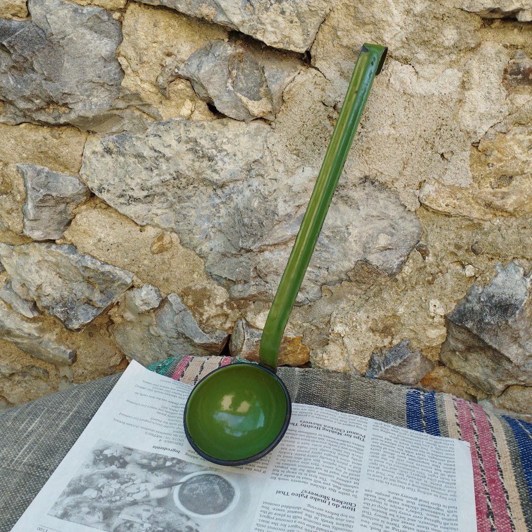 Vintage Green Enamel Ladle, Enamel Utensils, Cookware, Enamel Ladle ...