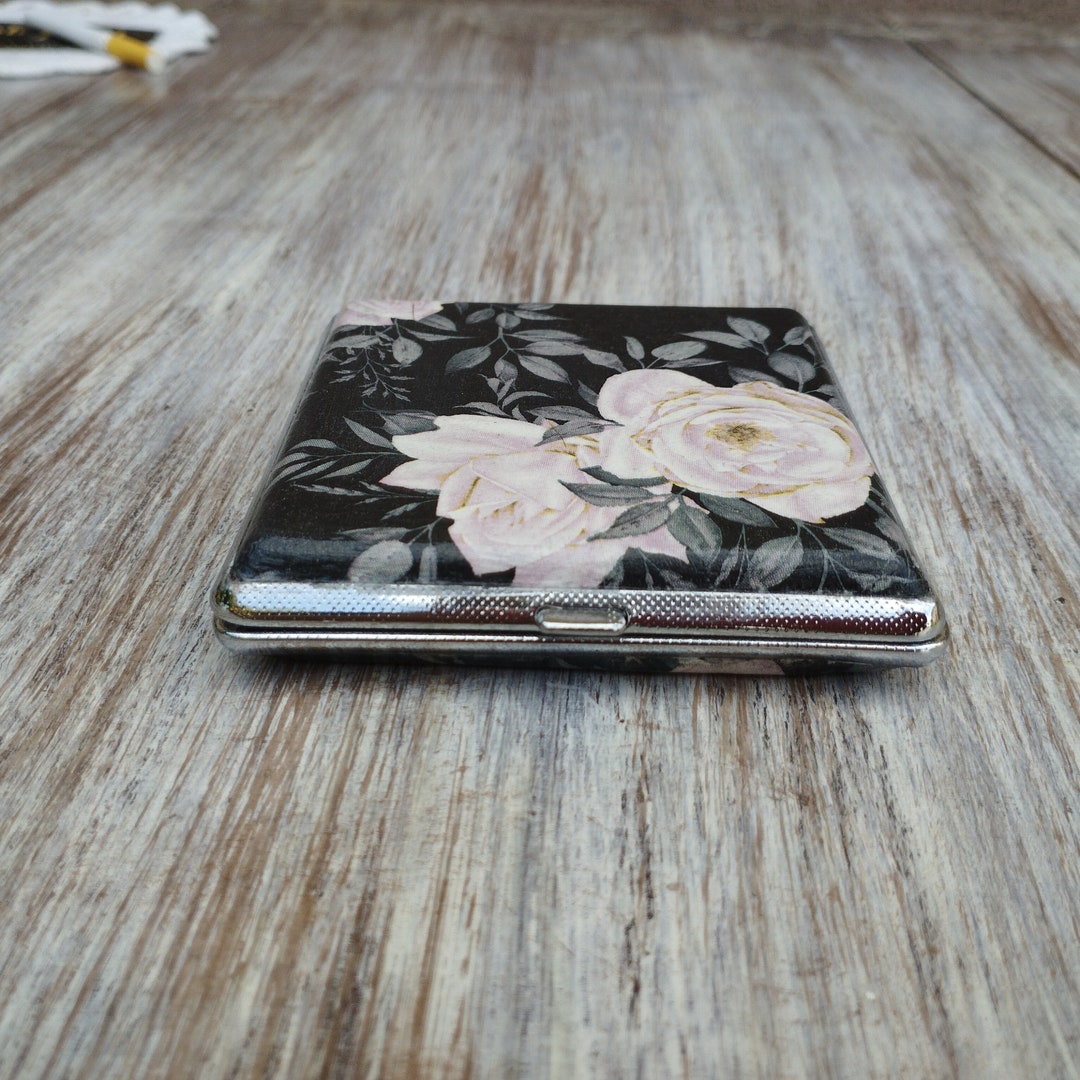Cigarette Case With Roses Design, Metal Cigarette Box, Decoupage, Black ...