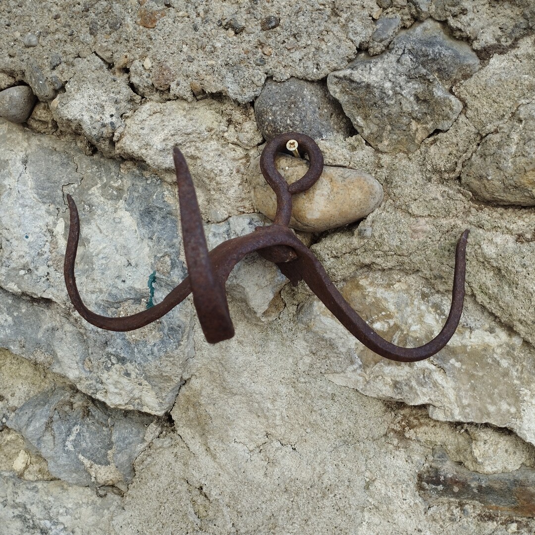 Primitive Hand Forged Iron Hook With Three Spikes, Rusty Metal Hook ...