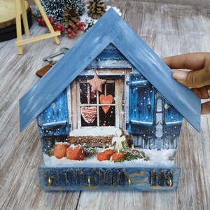 Blue Key Holder, Key Organizer With Four Hooks, Decoupage Wooden Wall ...