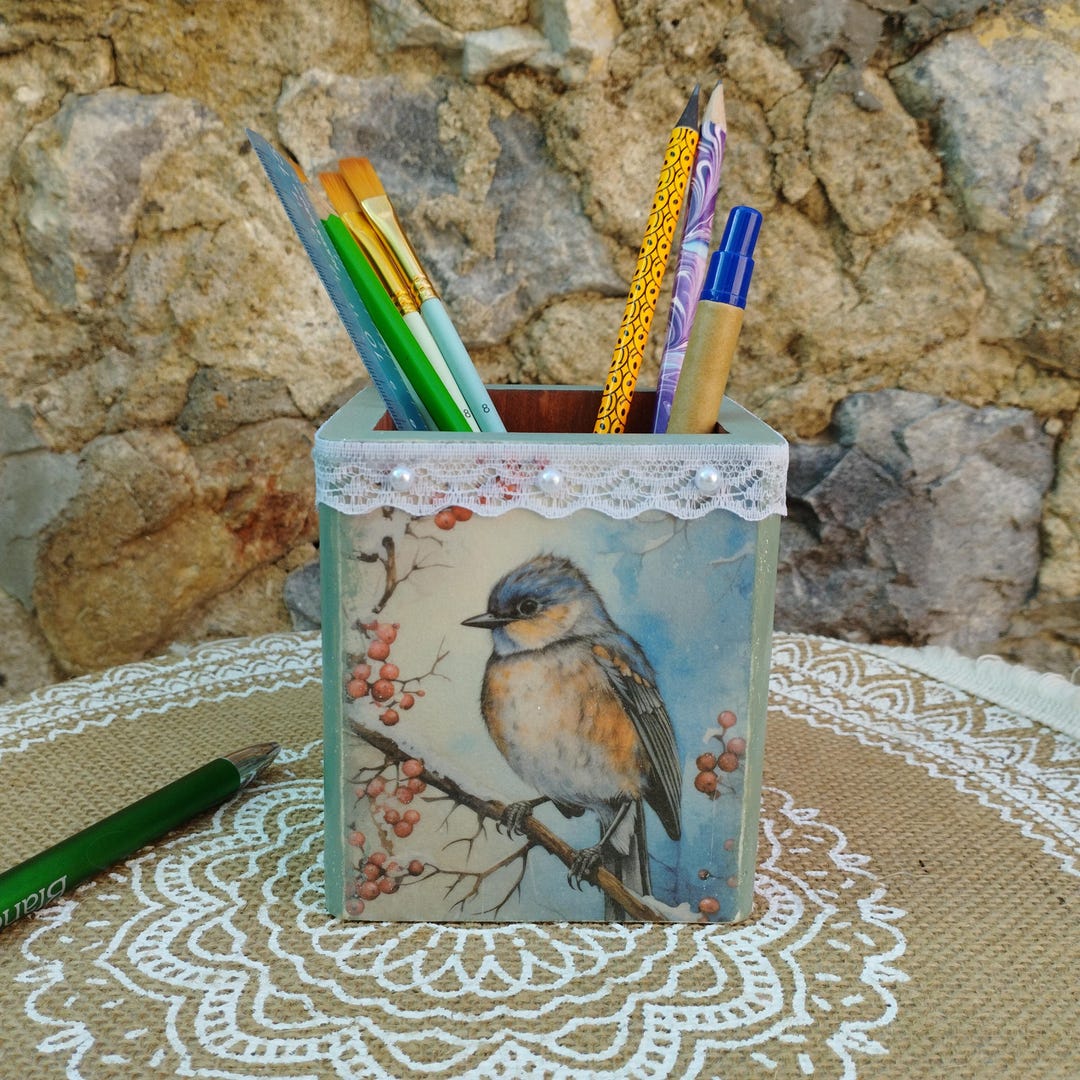 Wooden Open Pencil Box, Blue Bird Pencil Holder, Pen Pot, Desk ...
