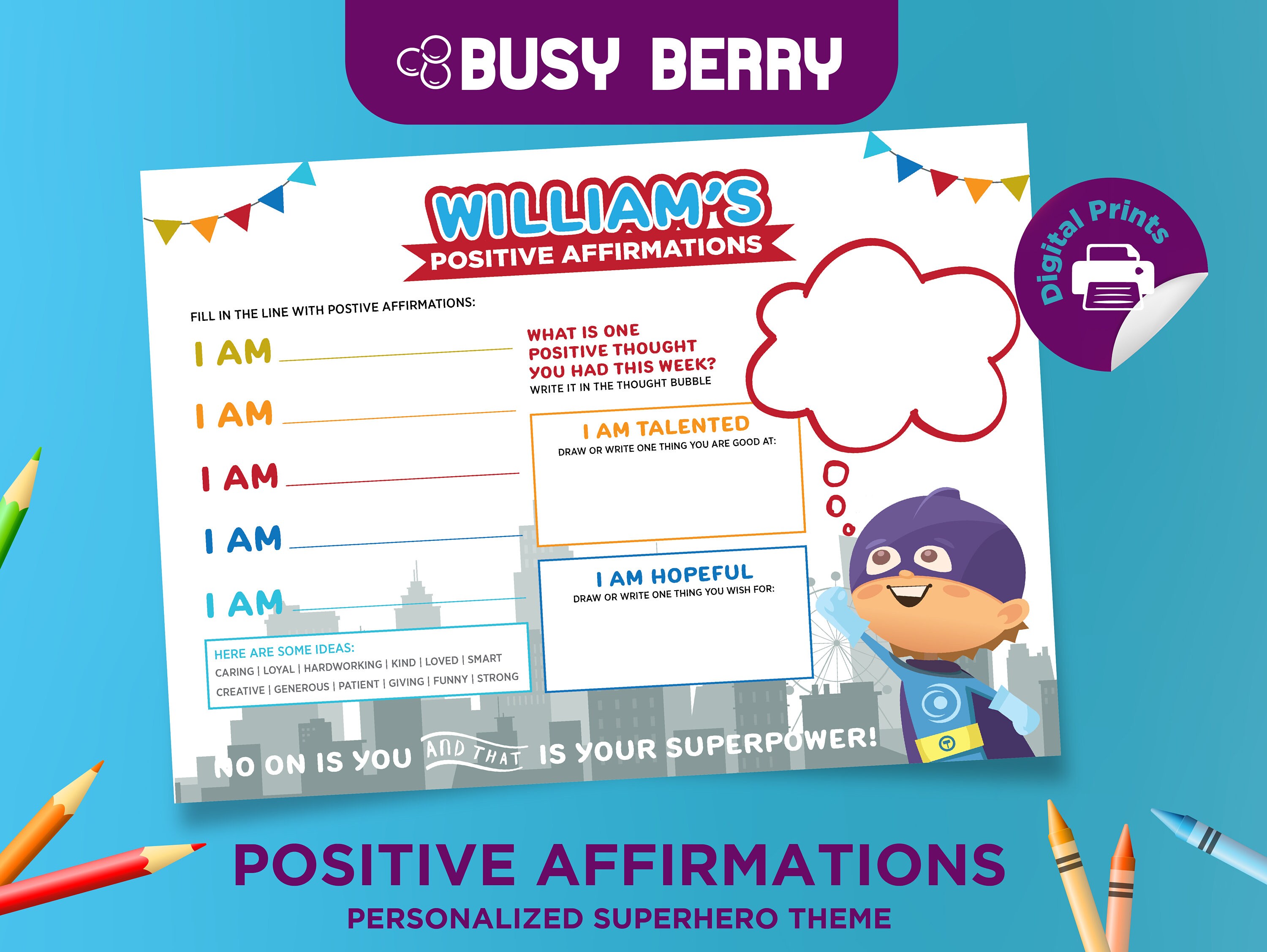 Positive Affirmation Worksheet for Kids Customizable Empowering Self ...