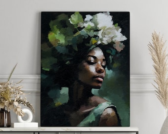Black Girl Art Poster, Black Woman Head Flowers Wall Art, Black Art, Afro Art, African American ...