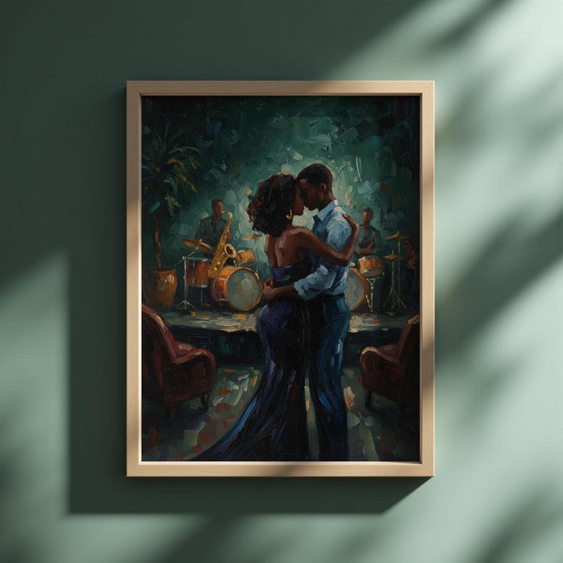 Black Couple Jazz Music Canvas Art Romantic Dance Painting Green Wall ...