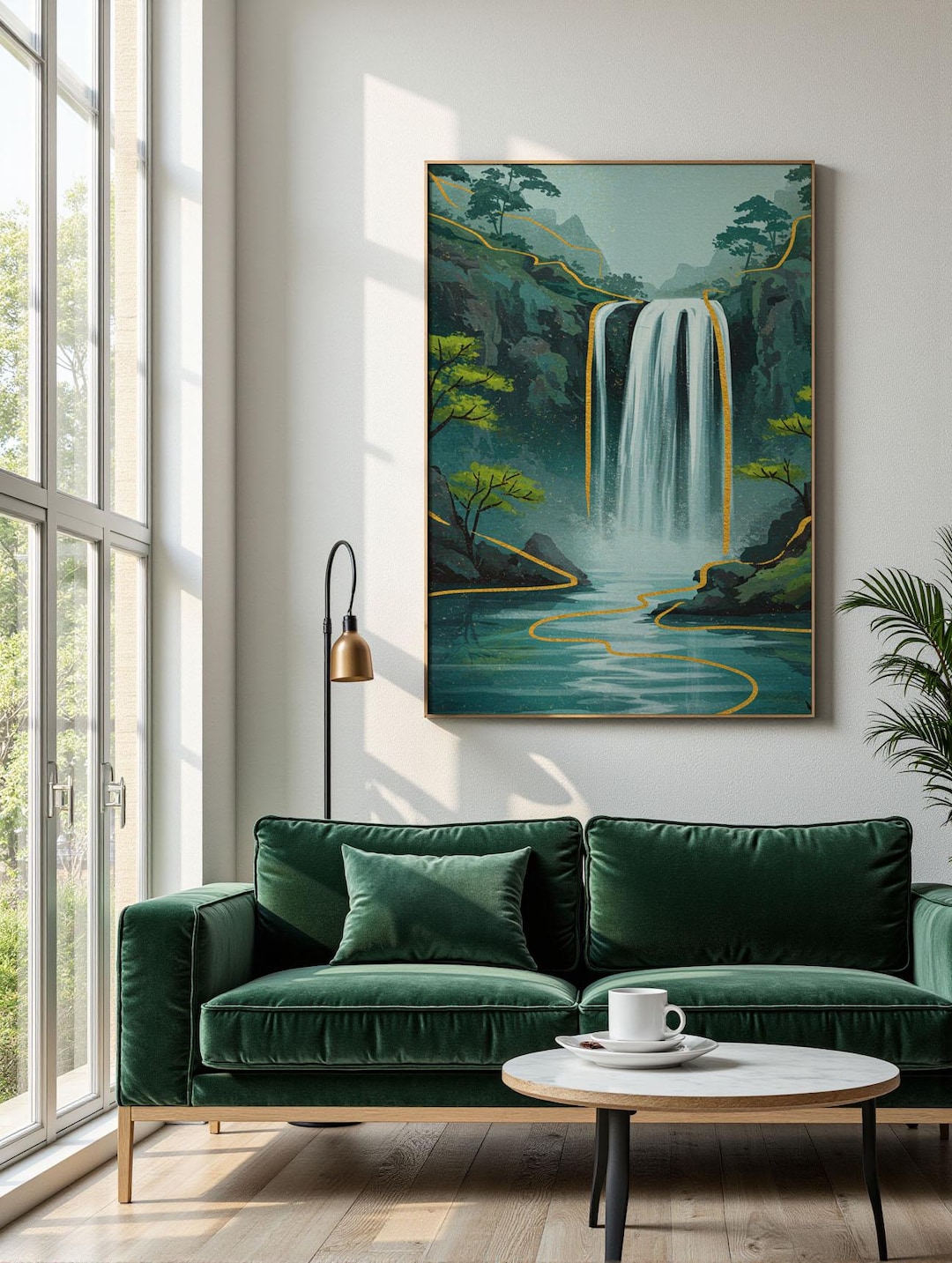 Japanese Style Waterfall Art Print | Gold Line Landscape Illustration ...
