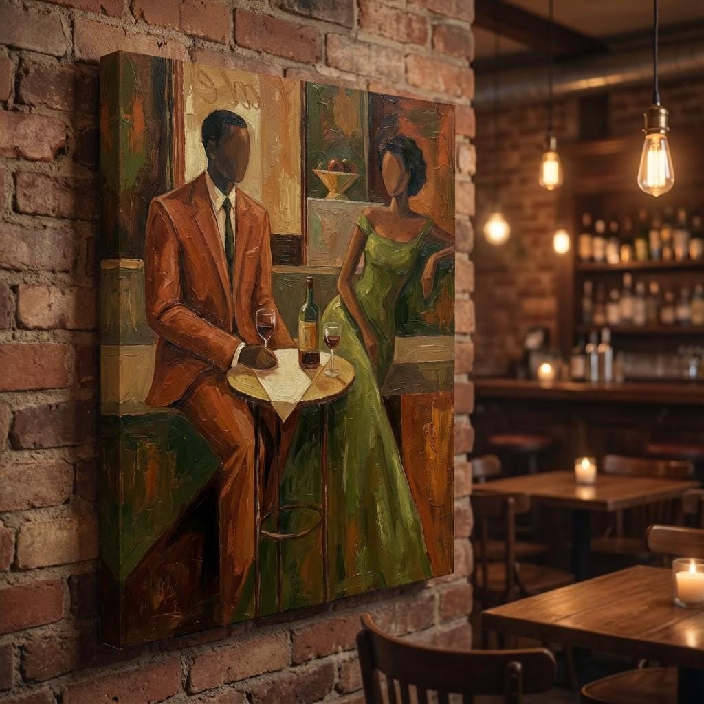 Black Couple Wine Date Art African American Romance Canvas Vintage ...