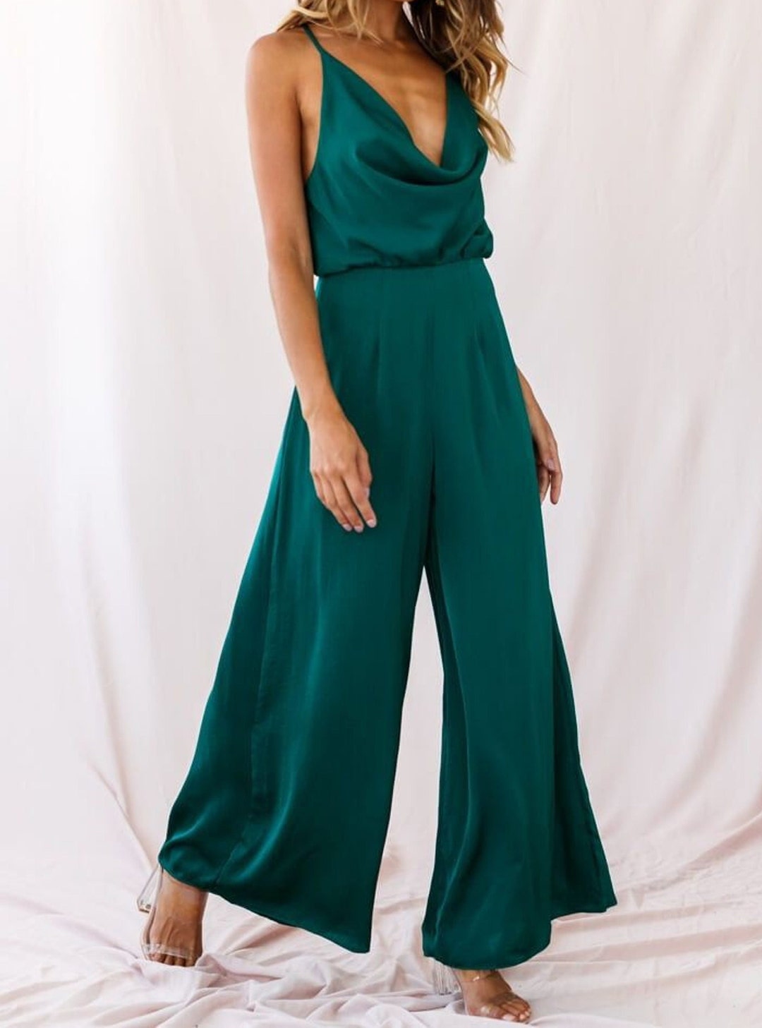 Emerald Green Silk Satin Jumpsuit Cowl Neck Satin Cowl Neck Etsy Uk