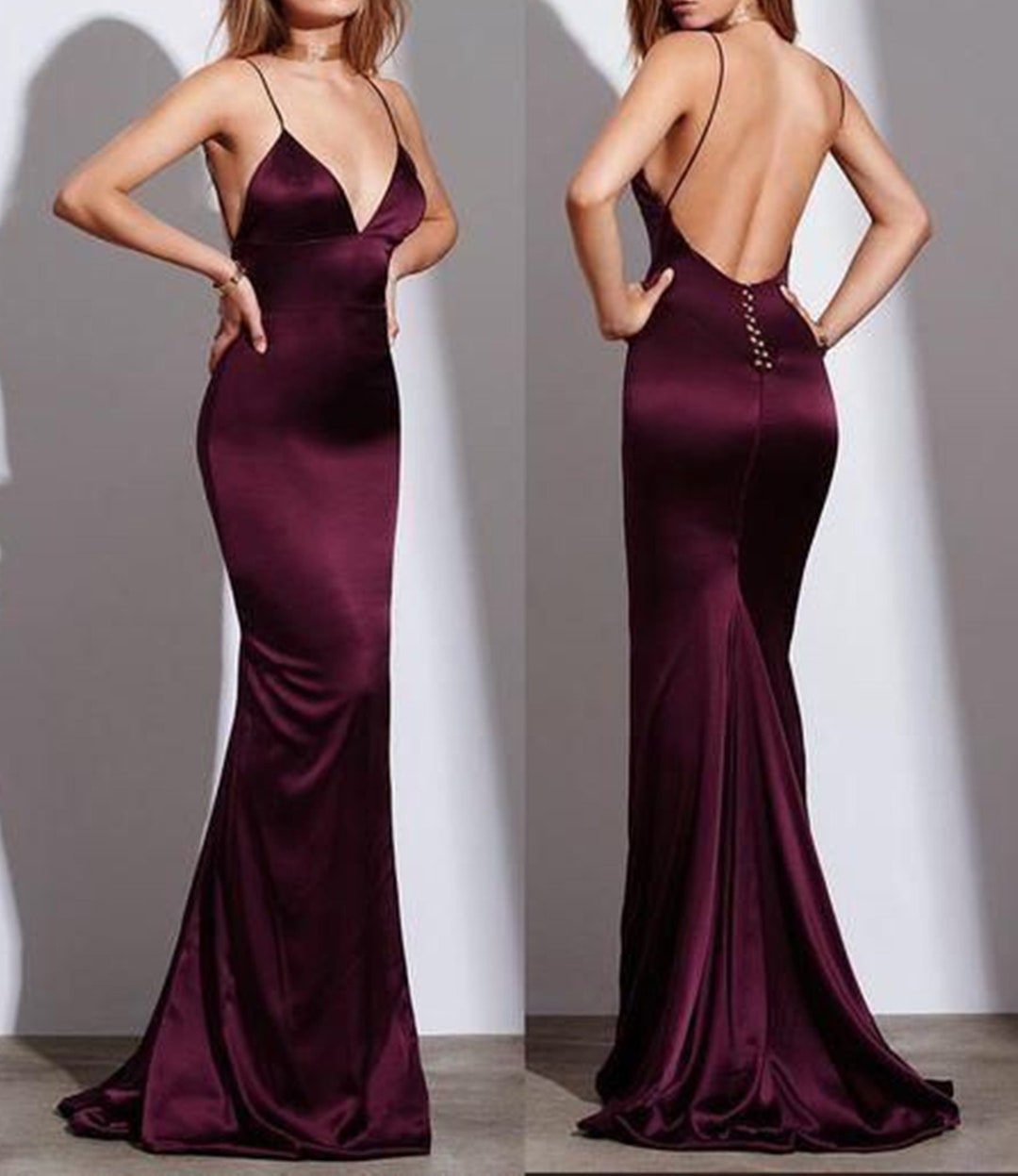 Elegant Red Wine Silk Satin Dress, Floor Length Dress, Burgundy ...