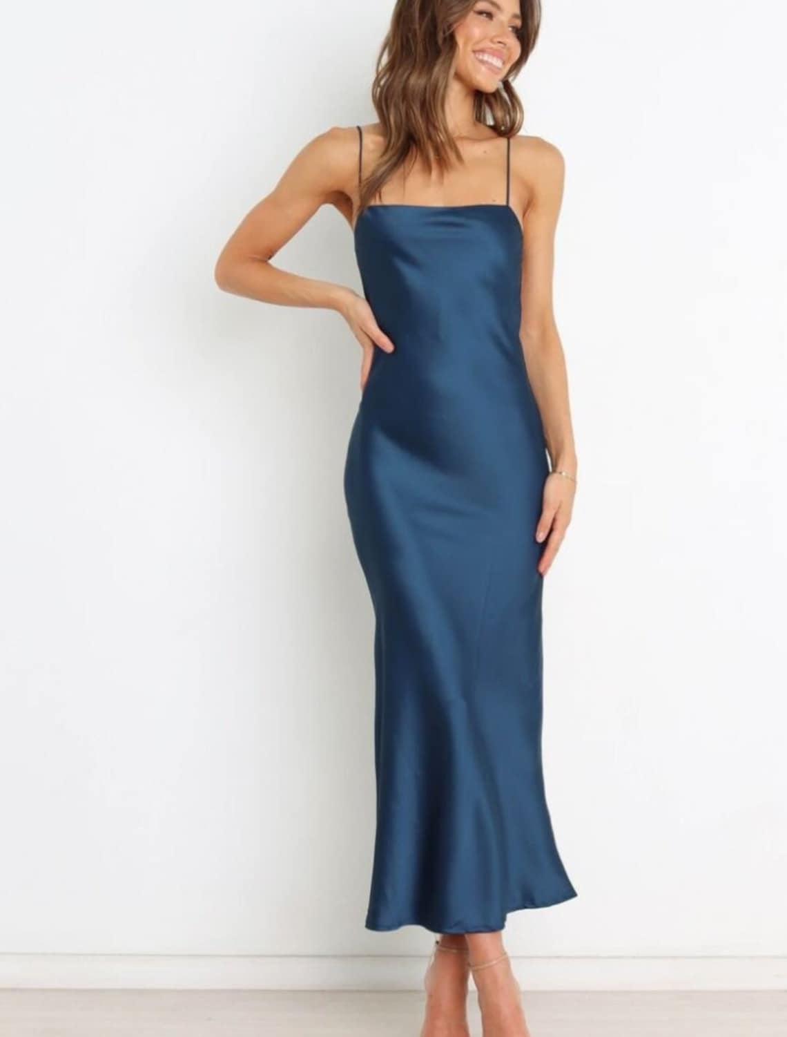 Elegant Navy-blue Satin Silk Dress, Satin Slip Midi, Strap Fit Mid Calf ...