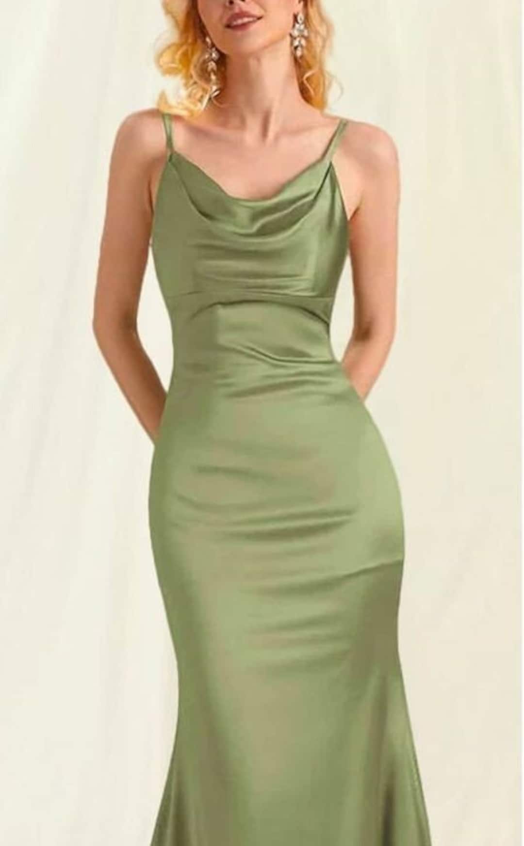 Elegant Sage Green Silk Satin Dress, Floor Length Body Fitting Dress ...