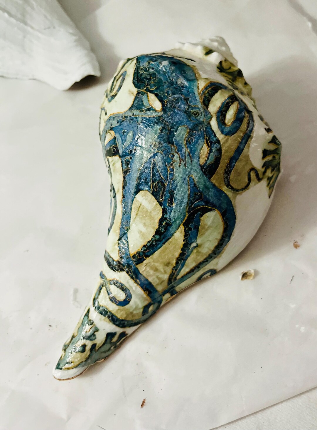 Beach Decor, Decoupaged Whelk Shell, Ocean Art, Coastal Decor, Shell ...