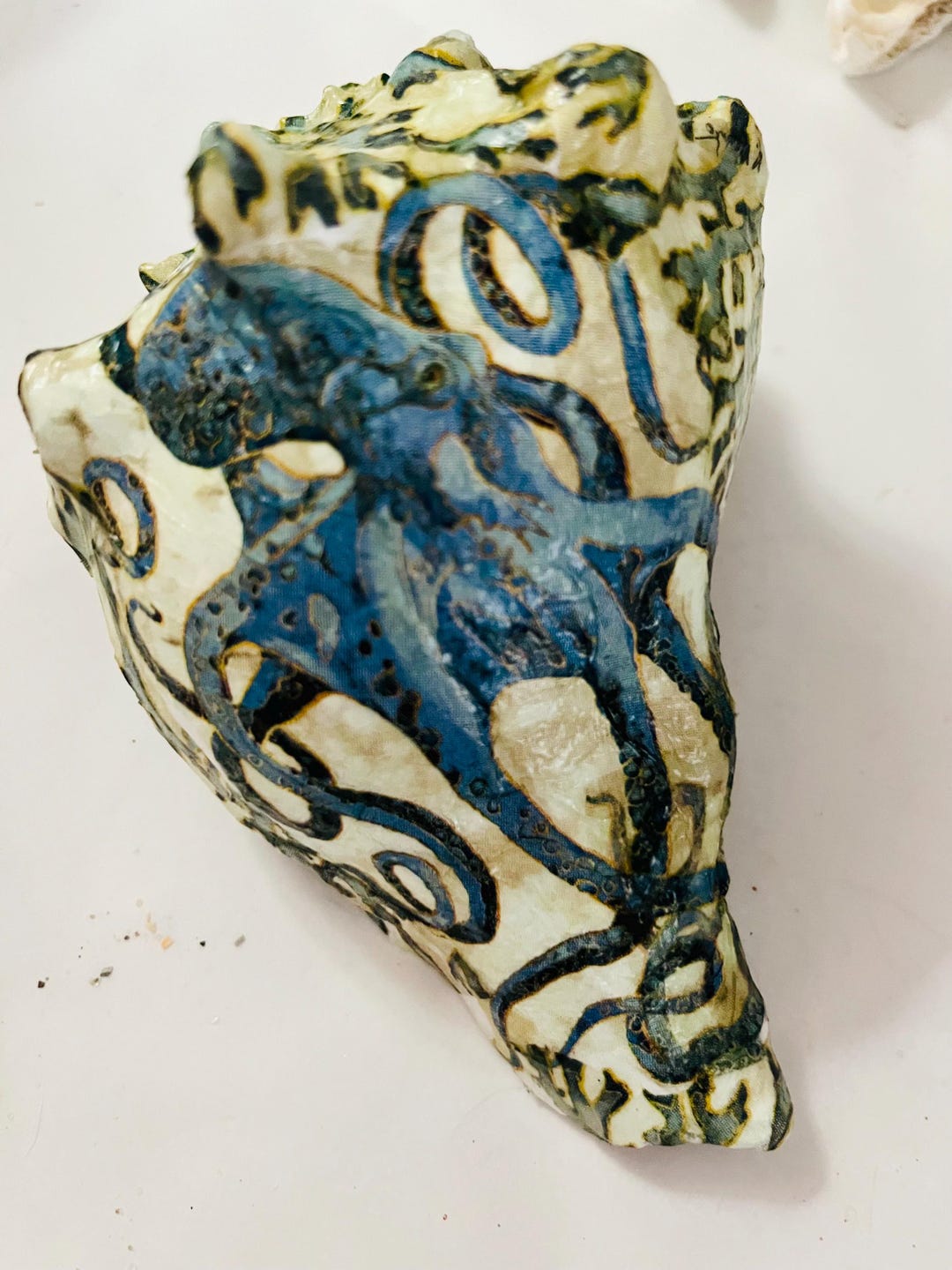 Octopus Decor, Decoupaged Whelk Shell, Ocean Art, Coastal Decor, Shell ...