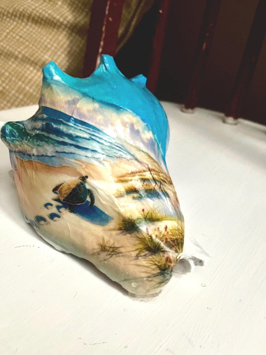 Sea Turtle Whelk, Beach Decor, Decoupaged Whelk Shell, Ocean Art ...
