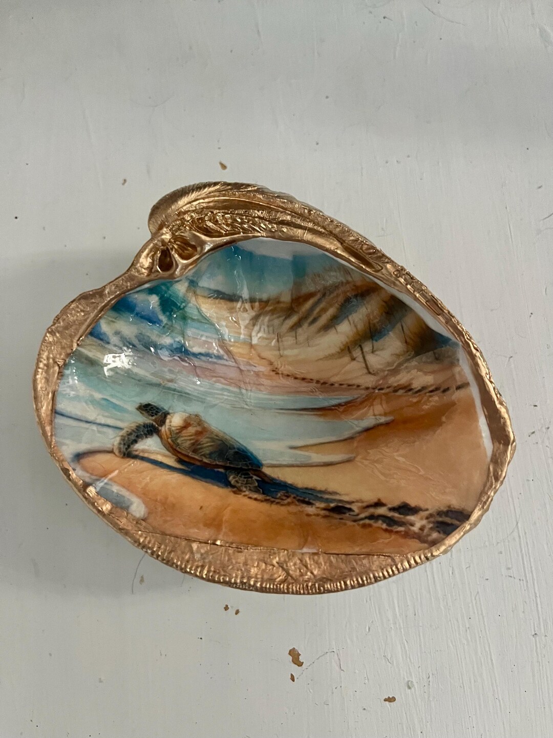 Sea Turtle Decoupage Clam Shell Trinket Dish: Gold Trim Shell Art - Etsy