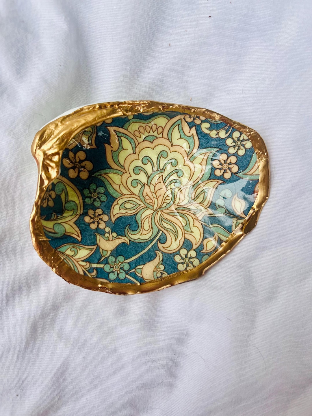 Boho Decoupage Clam Shell Trinket Dish: Gold Trim Shell Art - Etsy