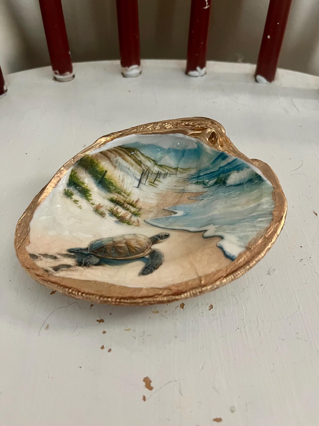 Sea Turtle Decoupage Clam Shell: Gold Trim Trinket Dish - Etsy