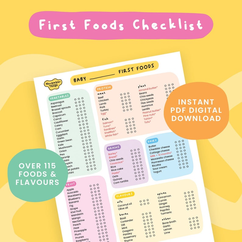 Baby’s First Foods Solids Checklist Tracker - A4 Portrait Printable ...