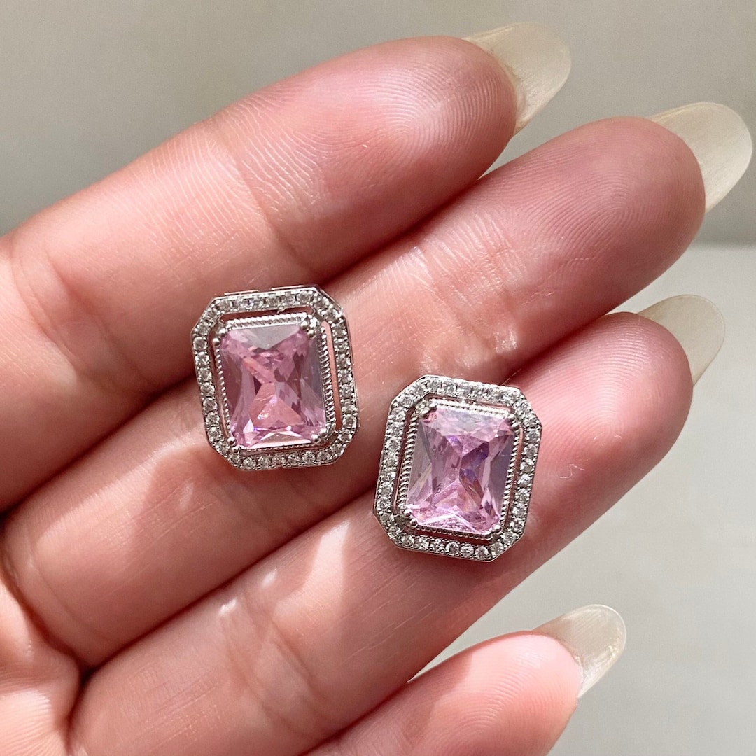Bridal Pretty Pink Stone Earrings | Rectangle | Studs | Zircon ...