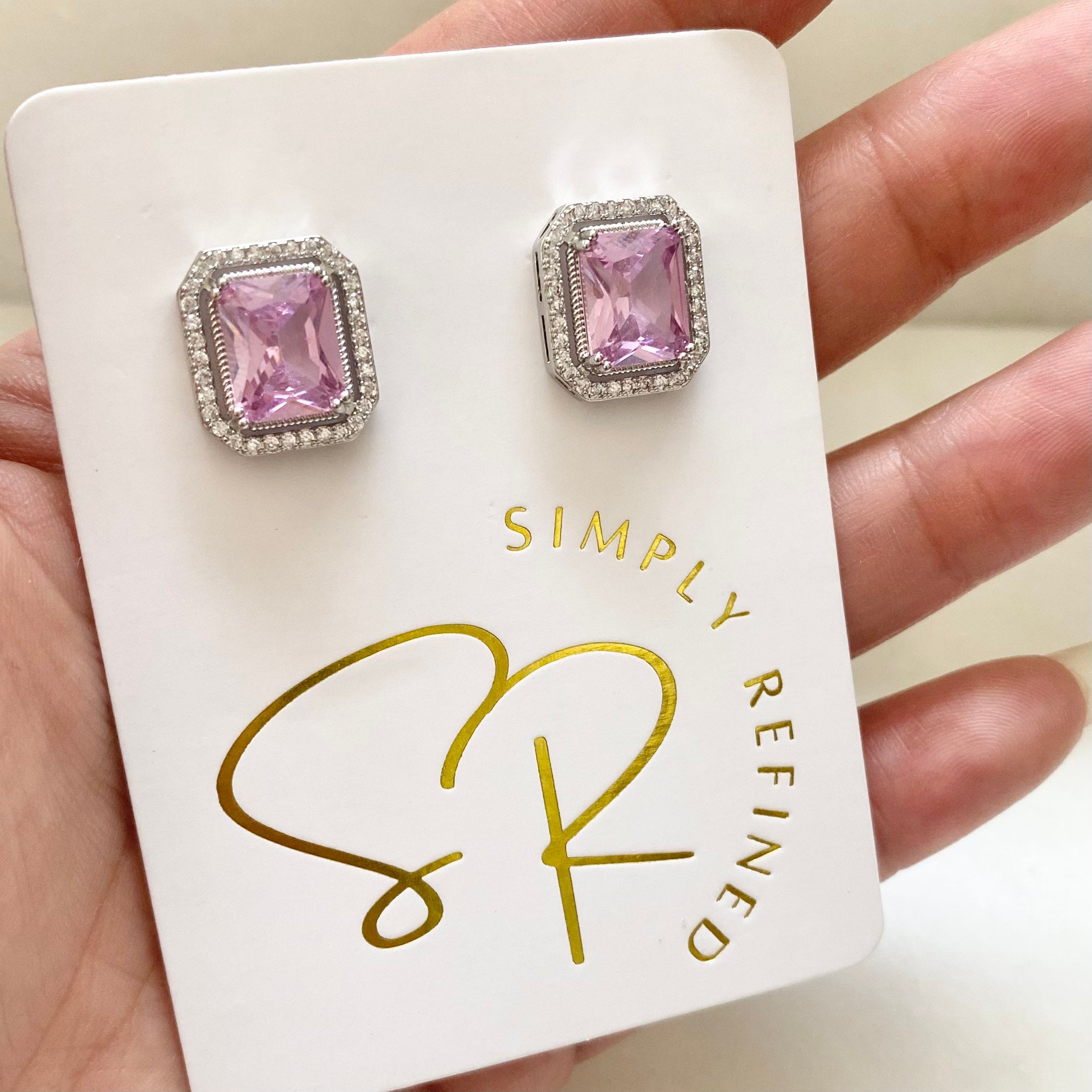 Bridal Pretty Pink Stone Earrings Rectangle Studs Zircon Encrusted ...